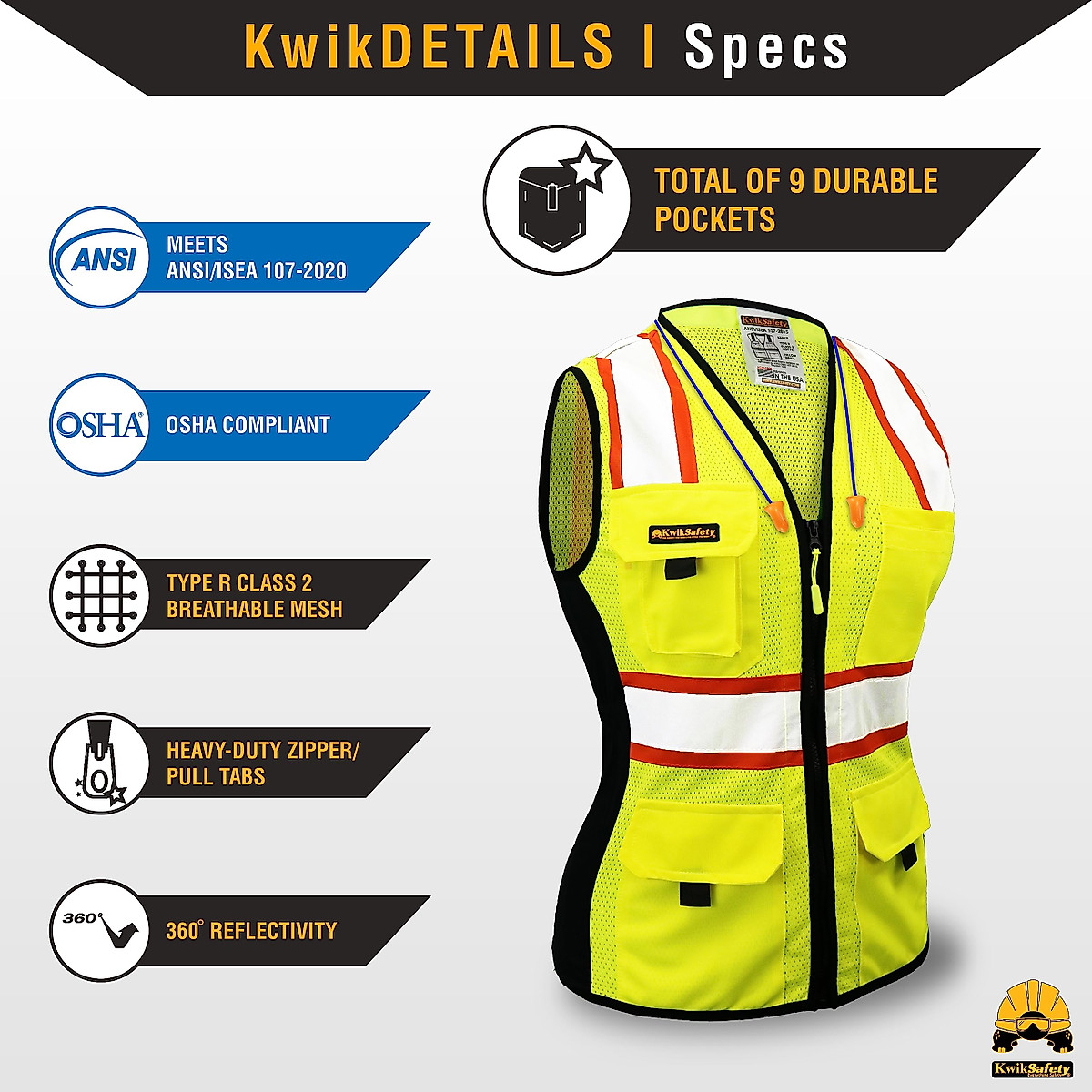 KwikSafety FIRST LADY Safety Vest for Women [SNUG-FIT] 9 Pockets, Class 2 Custom High Visibility Reflective ANSI OSHA Fitted Construction Work PPE/Yellow Small