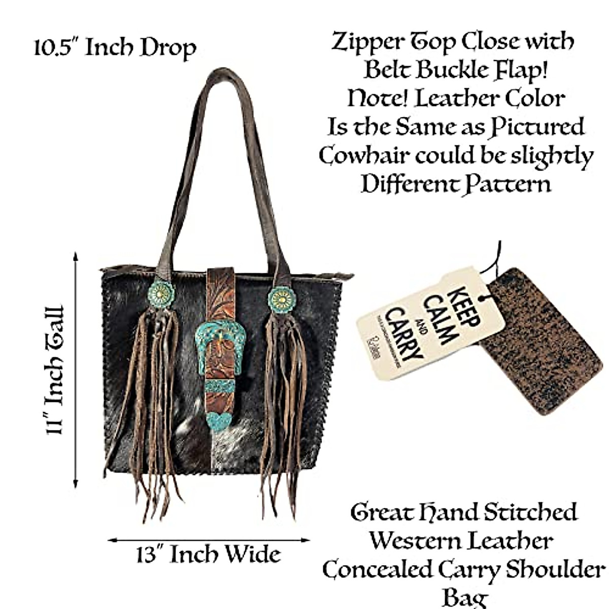 Urbalabs Western Cowhair Concealed Carry Shoulder Bag Buckle Fringe Purse Genuine Leather Handmade Stitched Handbag (Dark Brown)