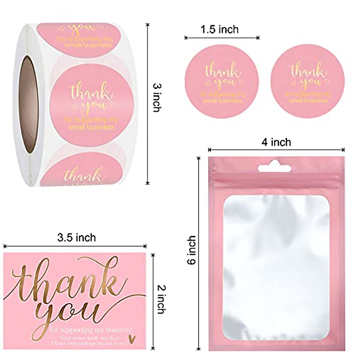 FAMALL 540 Pieces Thank You Stickers and Cards Set, 1.5 inch Thank You for Supporting My Small Business Adhesive Labels, Resealable Packaging Bag, Suitable for Envelopes, Gift Bags Packaging (Pink)