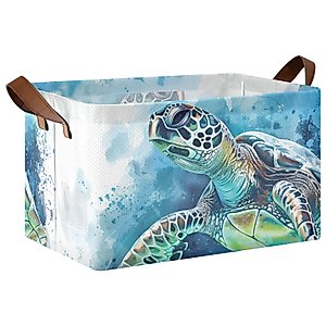 ALAZA Watercolor Sea Turtle Fabric Storage Bins Collapsible Storage Cube Organizer Basket with Handles for Shelves Colset Wardrobe Organizition