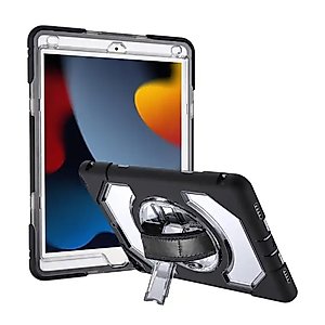 iPad Pro 10.5 Inch Case 2017/ iPad Air 3 Case 2019 for Kids | Heavy Duty Rugged Protective Case with 360 Rotating Stand+[Hand Strap] | Clear with Black Trim