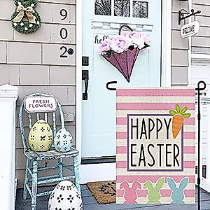 Happy Easter Bunny Garden Flag Double Sided Vertical Burlap 12×18 Inch Rabbit Outdoor Yard Farmhouse Decor DF020