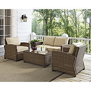 Crosley Furniture Bradenton 4-Piece Outdoor Loveseat Patio Furniture Set, Wicker Conversation Sets for Porch, Brown with Sand Cushions