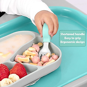 HIWOOD Baby Spoon and Fork Training Set with Travel Case, Toddler Utensils Silverware Set, 316 Stainless Steel and Silicone Flatware set for kids Self Feeding(Cow, Green)