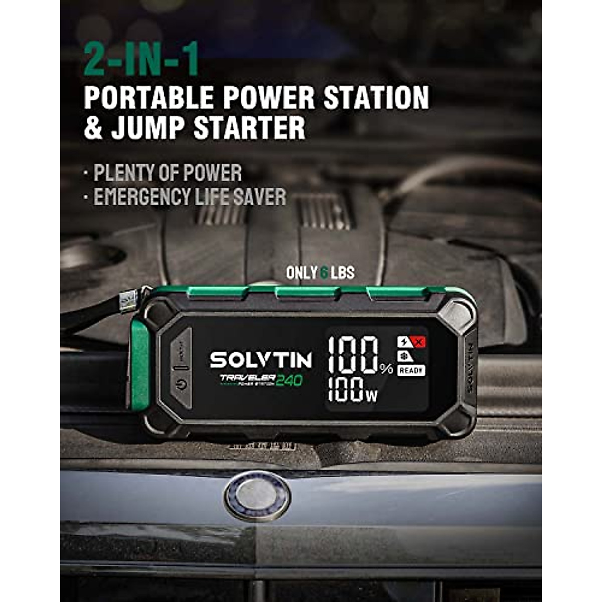 SOLVTIN 224Wh Portable Power Station with 2500A Jump Starter, Lithium Battery Backup with 120W AC Outlet, PD100W USB-C Bilateral Port, LED Light, Power Bank for Camping Home Office (Traveler 240)