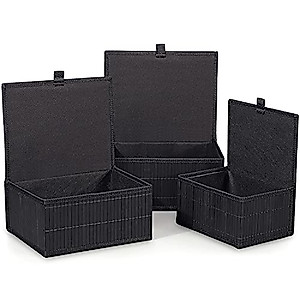 Honygebia Bamboo Decorative Storage Boxes - Set of 3 Woven Lined Storage Basket with Lids, Black Wicker Lidded Baskets for Home Kitchen Shelf Organizer Decor