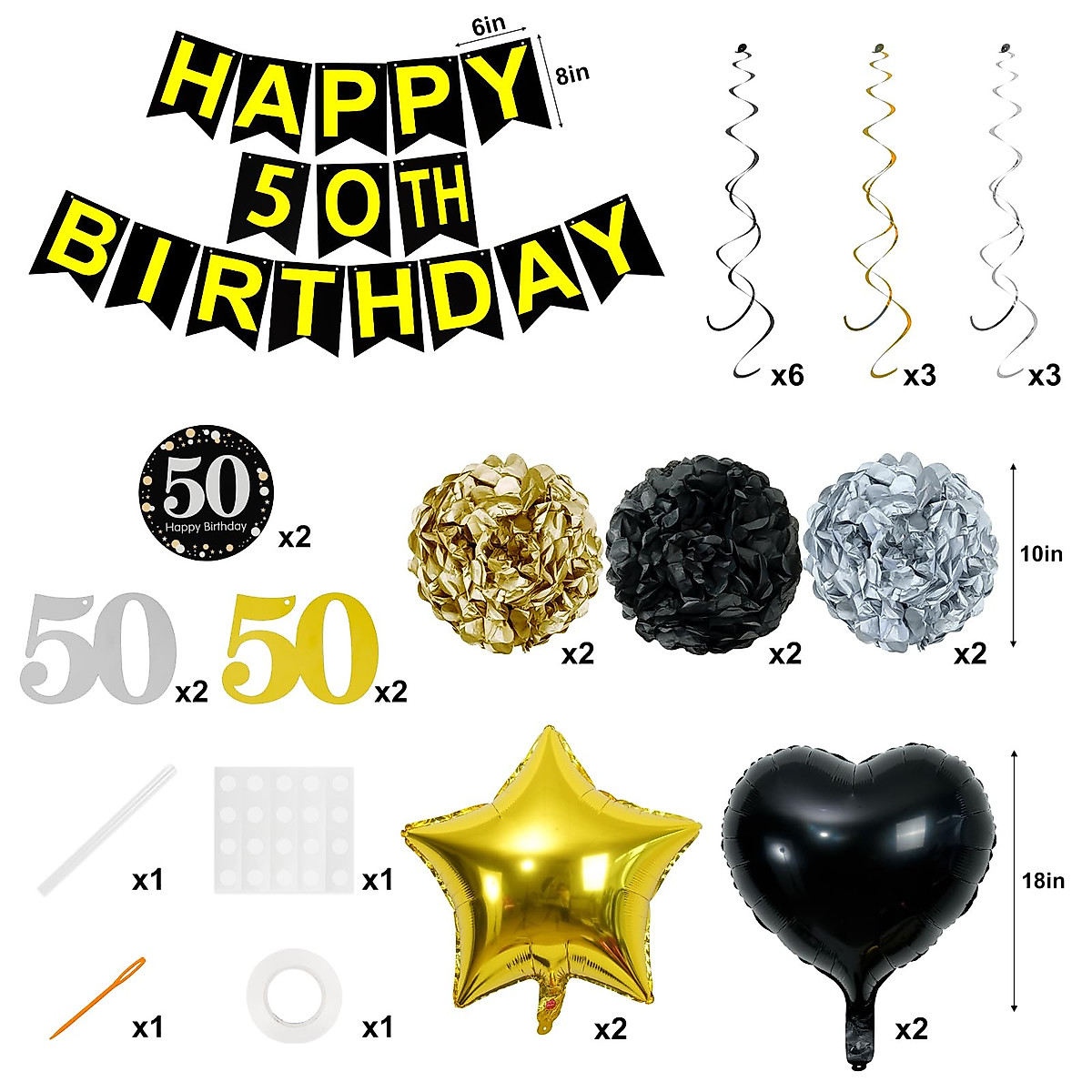 RUBFAC 50th Birthday Decorations for Men, Black Gold Happy Birthday Party Decorations Set for Men Women, 50th Birthday Party Supplies