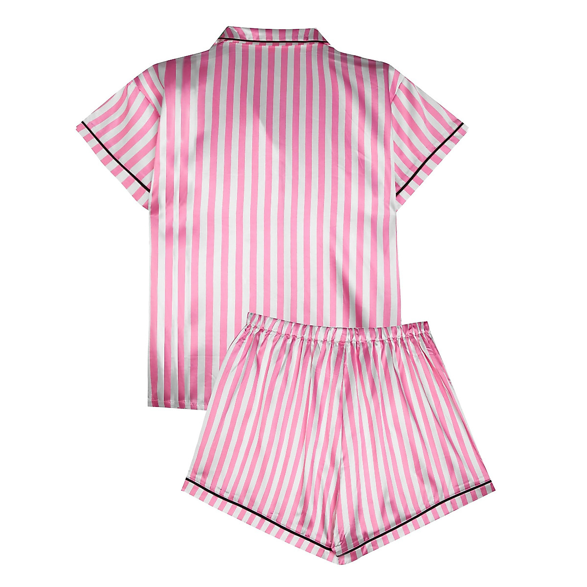 Remidoo Women's Striped Silk Satin Short Sleeve Button Down Pajama Set 2 Piece Pjs Loungewear Pink Large