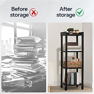 HOOBRO Small Bookcase, Industrial Style Bookshelf for Narrow Spaces, 4-Tier Square Book Shelf Stand, Easy to Install, Wooden Storage Rack Display Shelf, Corner Shelf for Living Room, Black BK08CJ01