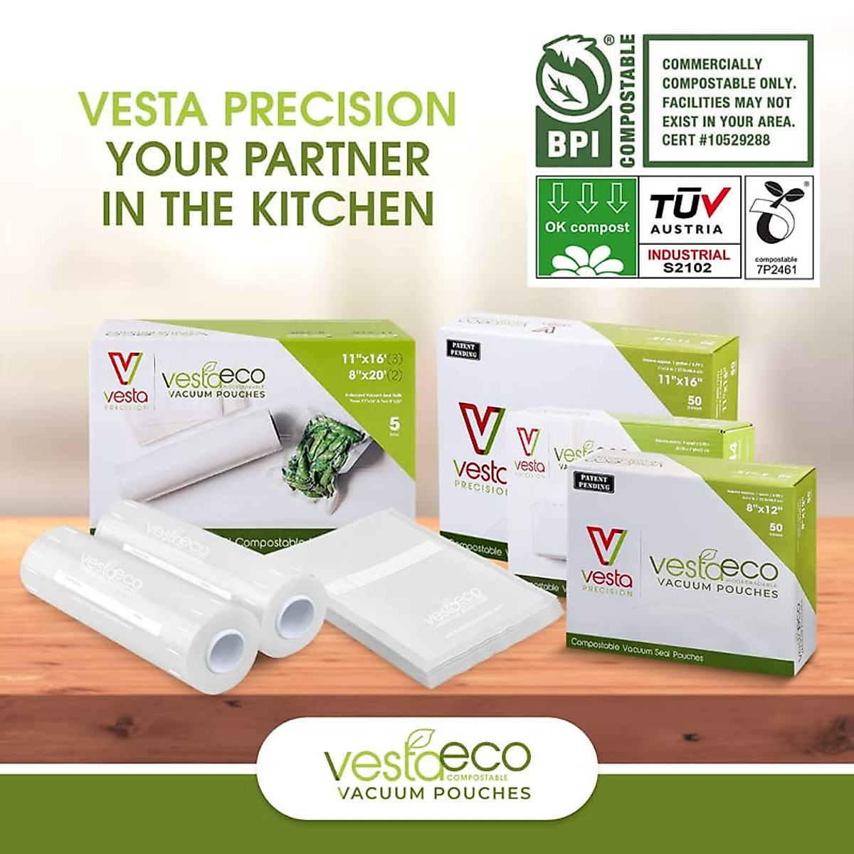 VestaEco Commercially Compostable Vacuum Seal Bags - Embossed - 8 x 12 Inches - 100 Vacuum Seal Bags per Pack
