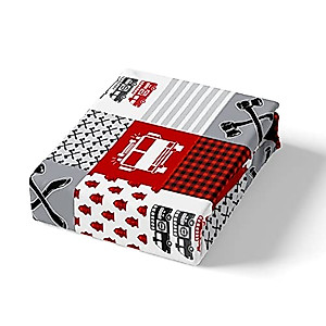 5Pcs Red Fire Truck Car Duvet Cover Set Queen Size & Curtain Set: 1 Duvet Cover + 2 Pillowcase + 2 Panels of 42 W x 63 L inch Each