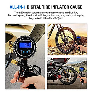 Nilight 50026R Digital Tire Inflator Pressure Gauge,250 PSI Air Chuck and Compressor Accessories Heavy Duty with Rubber Hose and Quick Connect Coupler for 0.1 Display Resolution,2 Year Warranty