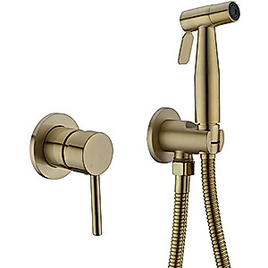 MINJING Hand Held Toilet Bidet Sprayer, Hot and Cold Brushed Gold Stainless Steel Bidet Jet Douche Kit, Toilet Washer Cleaning Shattaf Shower Faucet,Black