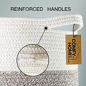 Laundry Basket 2pc by COMFY-HOMI Large Basket 18"X16" Tall Woven Cotton rope Basket with Handles Decorative Basket for Blankets Round Storage Basket for living room,Clothes,Pillows,Towels(White Brown)