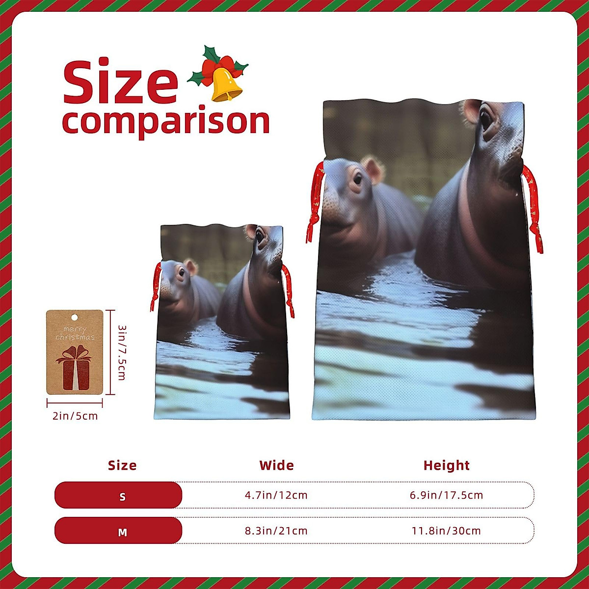 RLDOBOFE Christmas Gift Bags With Drawstring Baby Hippos Christmas Burlap Gift Bag Christmas Drawstring Bag for Halloween Xmas Candy Bags Reusable Xmas Present Bags for Party Decorations Holiday