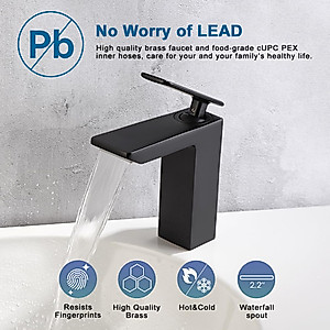 POP SANITARYWARE Matte Black Waterfall Bathroom Sink Faucet for 1 Hole, Single Handle Solid Brass Bathroom Vanity Faucets Deck Mount Modern RV Faucet