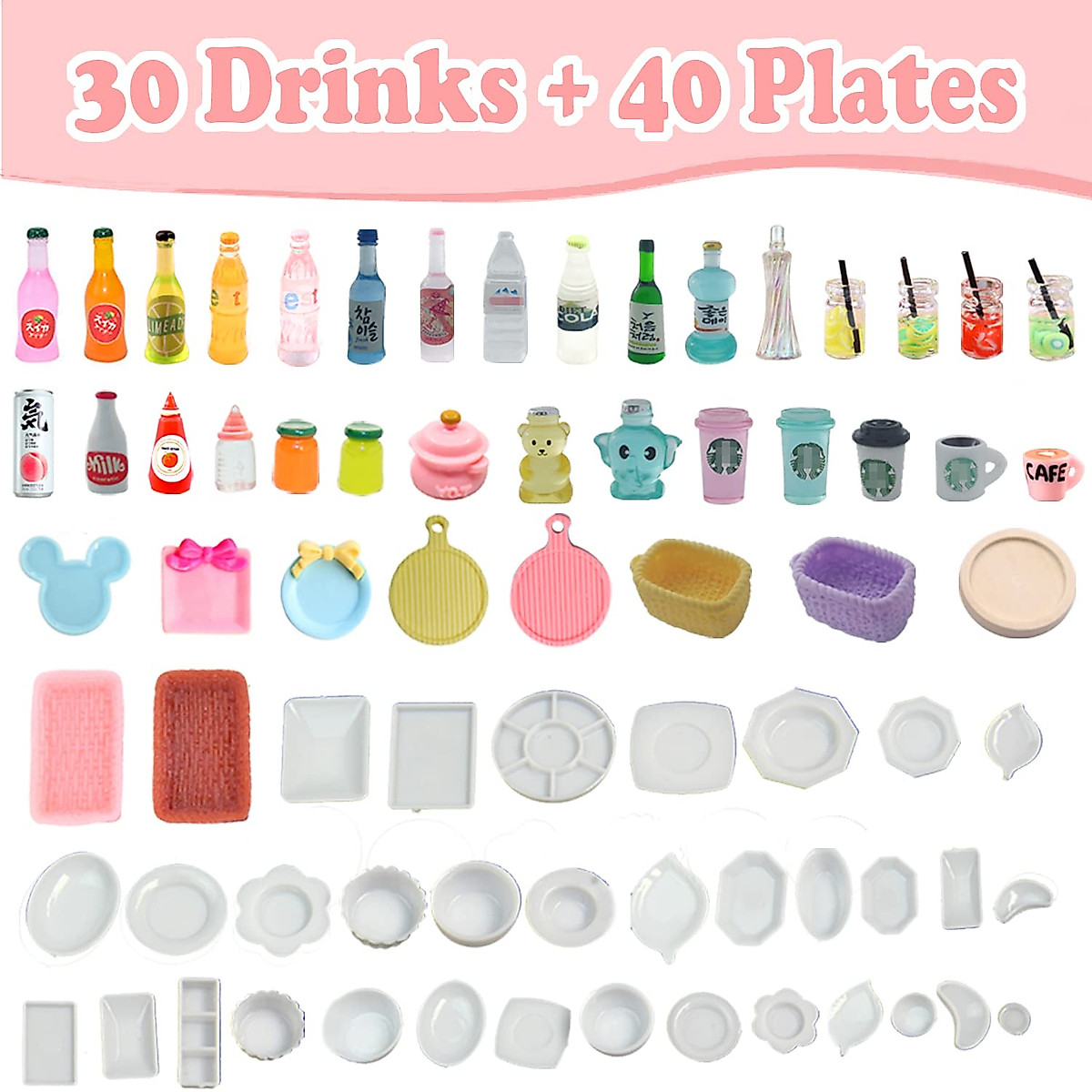 200Pcs Miniatures Food Drinks Bottles Dollhouse Accessories 1:12 Mini Stuff Things Toy Set Pretend Play Kitchen Game Playset Tiny Stuff Baking Micro Mart Hamburger Bread Ice Cream Cake