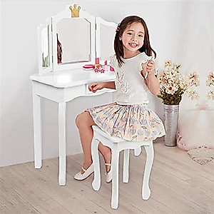 Children's Princess Dressing Table,Princess Dressing Table with Drawers and Tri-fold Mirror,Children's Dressing Table with Chair Set, Detachable Top Study Table,White