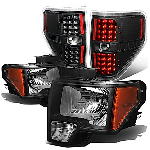 Auto Dynasty Compatible with 09-14 Ford F150 Pair Black Housing Amber Corner Headlight+Full LED Tail Lamp