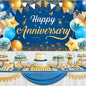 Blue Happy Anniversary Decorations Banner | Navy Blue Gold Happy Anniversary Backdrop | Happy Anniversary Sign for Women Men Wedding Anniversary Decorations Party Poster Supplies Decor 72.8x43.3 Inch