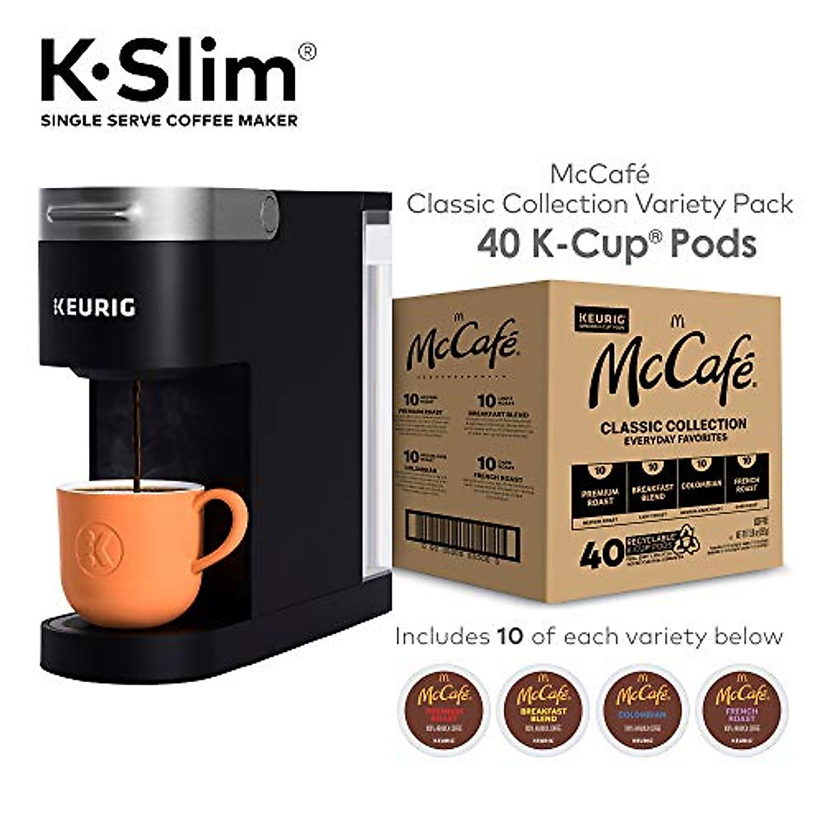 Keurig K-Slim Single Serve Coffee Maker with McCafé Classic Collection Variety Pack, 40 Count K-Cup Pods