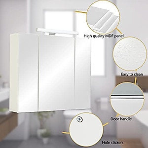 Bathroom Medicine Cabinet with Mirror and Lights 27.6x24 Inch Wall Mounted Mirror Cabinet with Charging Station & Adjustable Storage Shelves Medicine Cabinets Mirror with 3 Doors for bathroom,White