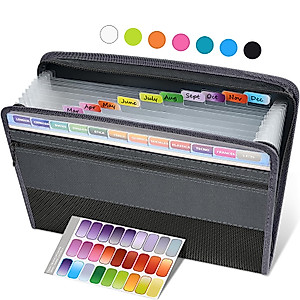 Sooez 13 Pocket Expanding File Folder with Zipper Closure, Accordion File Folder Document Organizer Expanding Zip File Folder with Sticky Labels, Letter A4 Paper Document Accordion Folder, Black