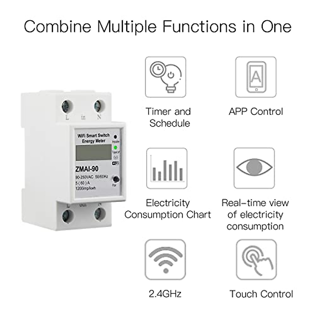 WiFi Smart Energy Monitor Switch Meter, Compatible with Alexa Google Home, Remote Control with Smart Life/Tuya App, Din Rail Tester Current Voltage Amperage Power Meter AC 110-230V 60A Multimeter