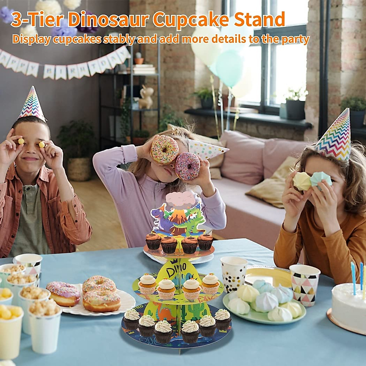 YHomU 3-Tier Dinosaur Cupcake Stand, Dinosaur Themed Birthday Party Decorations, Sturdy Cardboard Cake Holder, Round Dessert Display Tower, Stable Serving Stand for Weddings, Birthdays, Parties