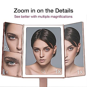 Fancii Makeup Mirror with Natural LED Lights, Lighted Trifold Vanity Mirror with 5X & 7X Magnifications - 40 Dimmable Lights, Touch Screen, Cosmetic Stand - Sora (Rose Gold)