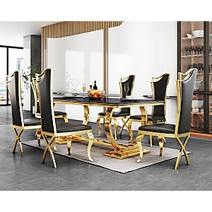 Kootlena 70" Modern Marble Dining Table, Luxury Gold Rectangular Kitchen Table for 6-8, Mid-Century White Faux Marble Dining Room Table with Mirrored Stainless Steel Pedestal Base for 6