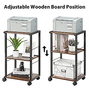 MOOACE Printer Stand, 3 Tier Under Desk Home Printer Cart on Wheels, Industrial Height Adjustable Wood Rolling Printer Table for Fax Machine, Scanner,Rustic Brown and Black