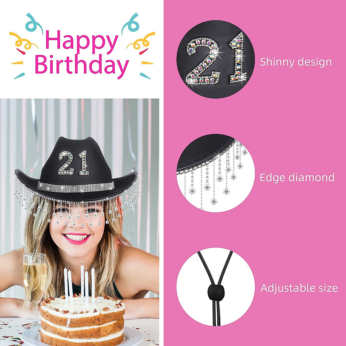 JUSTOTRY 21st Birthday Black Cowboy Hat - 21ST Birth Day Gifts Outfit for Women Cowgirl Hats with Wide Brime for 21st Birthday Decorations…