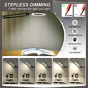 VEEMAGNI 5 Inch Large Magnifying Glass with Light and Stand, 5 Color Modes Stepless Dimmable, Long Swivel Arm LED Clamp Desk Lamp, Hands Free 8X Lighted Magnifier for Close Work Craft Hobby Soldering