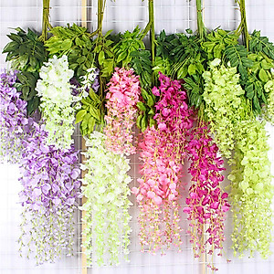 12 Pieces of 3.6 Feet/Piece of Artificial Fake Wisteria Vine Ratta Hanging Garland Silk Flower String-Like Family Party Wedding Garden Outdoor Office Wall Decoration (Green, 12)