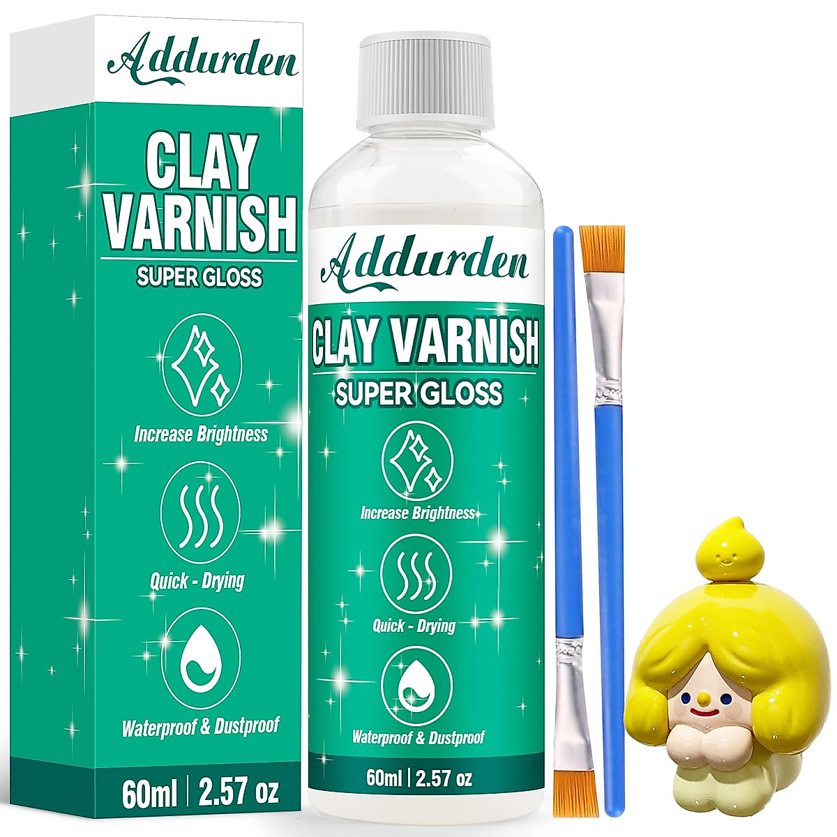 Addurden Air Dry Clay Varnish with 2 Brushes, Acrylic Varnish, Air Dry Clay Glaze, Glaze for air Dry Clay, Ceramics, Oil Painting, Wood, Waterproof, Preventing Crazing & Yellowing (Varnish-60ml)