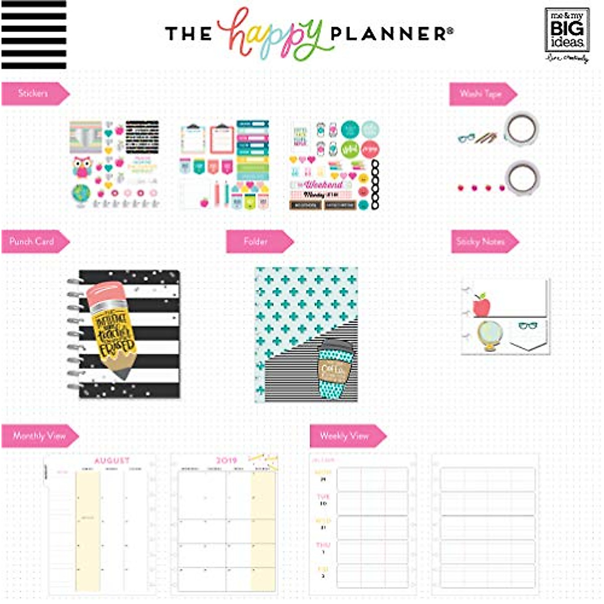 me & my BIG ideas The Happy Planner Box Kit - Never Be Erased Theme - August 2019 to July 2020 - Monthly Layout - 1 Folder, 13 Dividers, 89 Stickers, 3 Sticky Note Pads, 2 Rolls Washi Tape - Big Size
