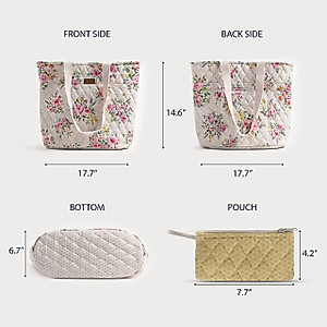 Maison d' Hermine Shopping Bag Cotton Quilted Tote Bag with Zipper Pockets & Small Pouch Shoulder Grocery Bag for Gifts Beach Travel Perfect for Men Women (Sweet Rose Lavender - Lush)