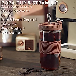 Zrlljp Reusable Boba Cup Bubble Tea Cup 4 Pack, 24oz Smoothie Cups with Lids and Silicone Sleeve & Angled Wide Straws, Wide Mouth Mason Glasses Travel Tumbler for Large Pearl