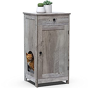 GiftGo Contemporary Home Hidden Cat Litter Box Enclosure Wooden Cabinet Furniture Cat Washroom Nightstand Storage Drawer, Inner Shelf, Arched Doorways (Greige)