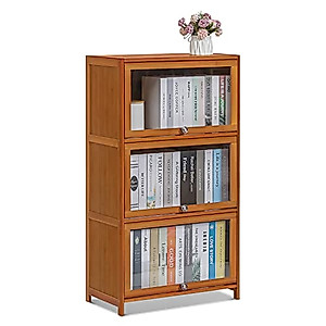 MoNiBloom 3 Tier Book Cabinet with Acrylic Doors, Bamboo Display Shelf Organizer Stand for Children's Student, Hallway, Home, Office, Brown