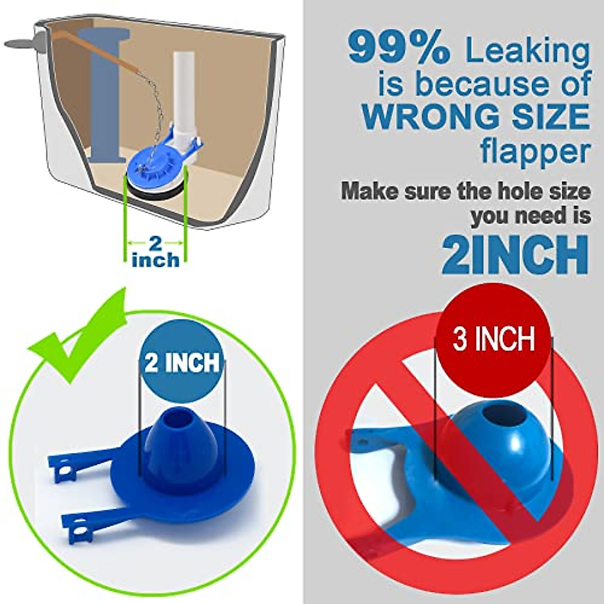 Toilet Flapper Replacement kit 2 inch (2 Pack) Universal for American Standard Toilet Easy to Install with Stainless Chain & Long Lasting Rubber fit 2'' Flush Valve Toilet Leaking Flapper