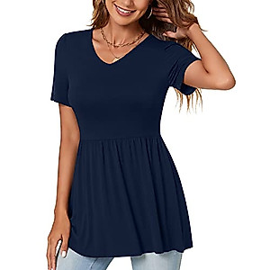 TAOHUADAO Women's 2023 Short Sleeve Tunic Tops Pleated Flare Blouse Hide Belly Shirts V-Neck Babydoll Tops Large, Navy Blue