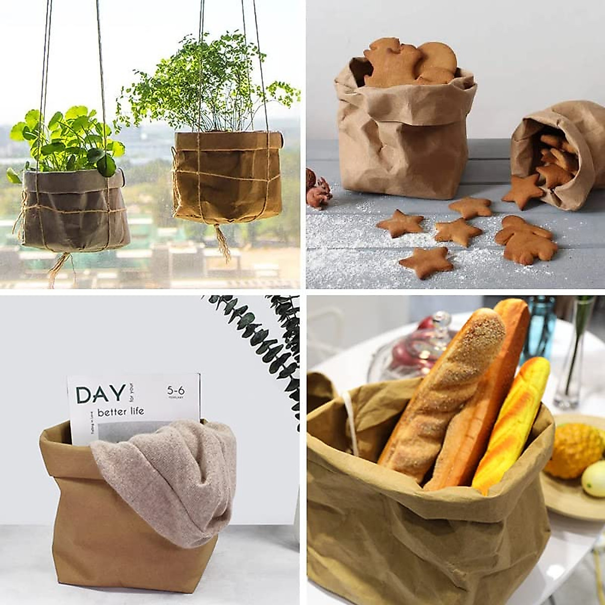 AKOAK 1 Pack Washable Kraft Paper Bag, Multifunctional Home Wear-resistant Storage Bag, Shopping Bag, Plant Flower Pot, Reusable Eco-friendly Food Bag (khaki)