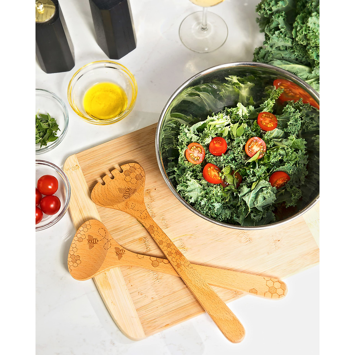 Talisman Designs Laser Etched Beechwood Honey Bee Design | Fork & Spoon Serving, Salad Server Set, Tool | Small Wooden Utensils