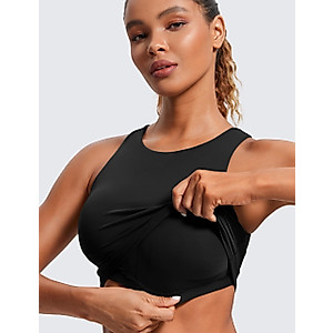 CRZ YOGA Butterluxe Racerback High Neck Longline Sports Bras for Women - Padded Workout Crop Tank Tops with Built in Pads Black Large