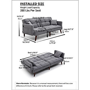 mr.waiba 75" Sofa Bed Adjustable Sleeper Sofa, Small Sofa with USB Charging Port for Living Rooms/Small and Medium-Sized Spaces, Chenille Fabric, Lazy Lounge Sofa Apartment Sofa Bed(Green)