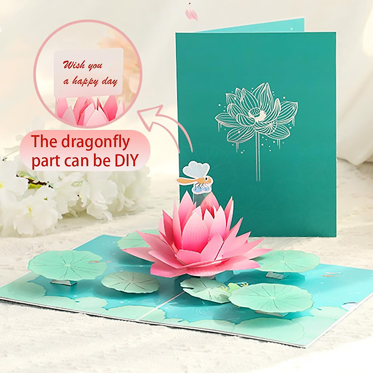 Sharonlily Dragonfly and Lotus Pop Up Card, 3D Water Lily Card, Birthday, Thank You, Congratulation, All Occasion