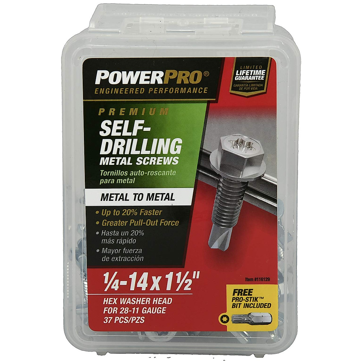 Power Pro Premium Self-Drilling Metal Screws, Zinc Plated Steel, Hex Washer Head Metal to Metal Winged Point Screws, Silver, ¼ x 1-½ inches, Box of 37 Screws