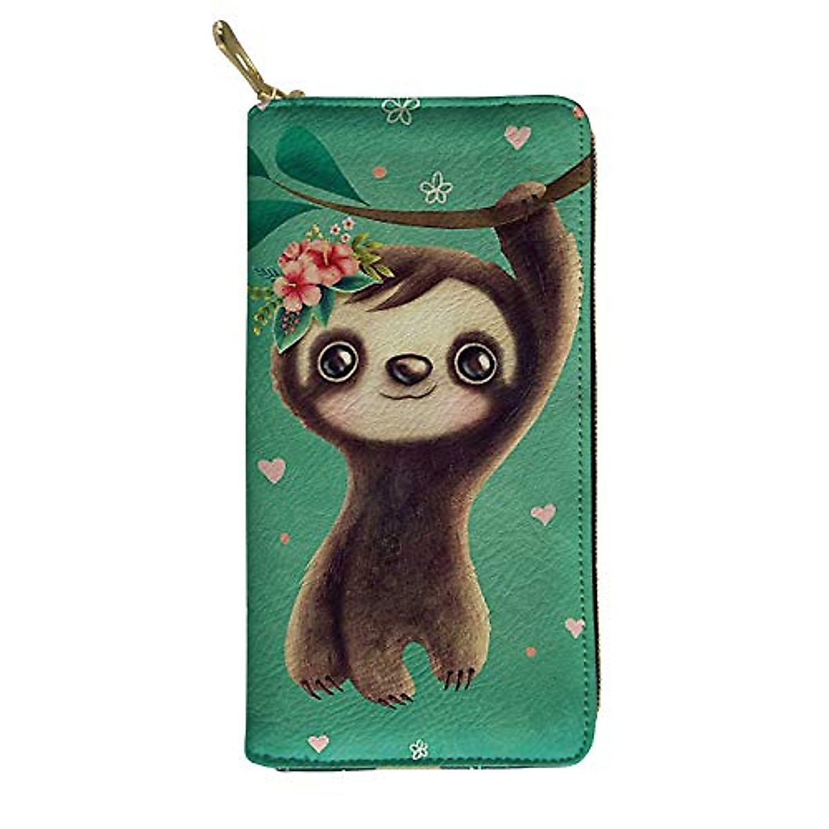 Sloth Printed Women's Long Wallet Zip Around PU Leather Phone Clutch Travel Card Holder Cute Animal Purse